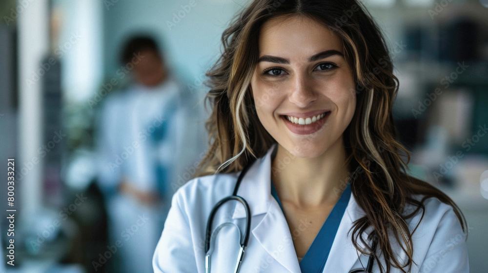 Young happy female doctor standing in medical hospital background ...