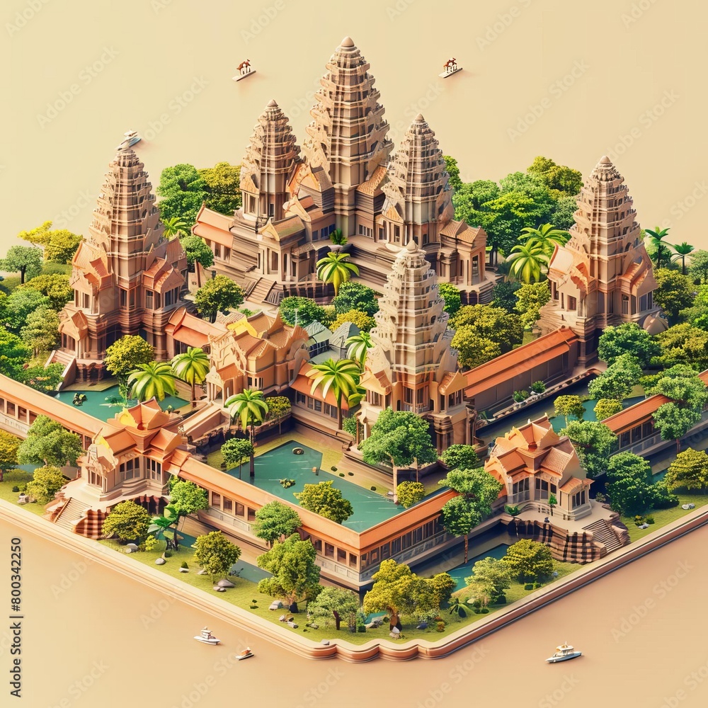 isometric diorama of the ancient Angkor Wat temple complex, surrounded ...
