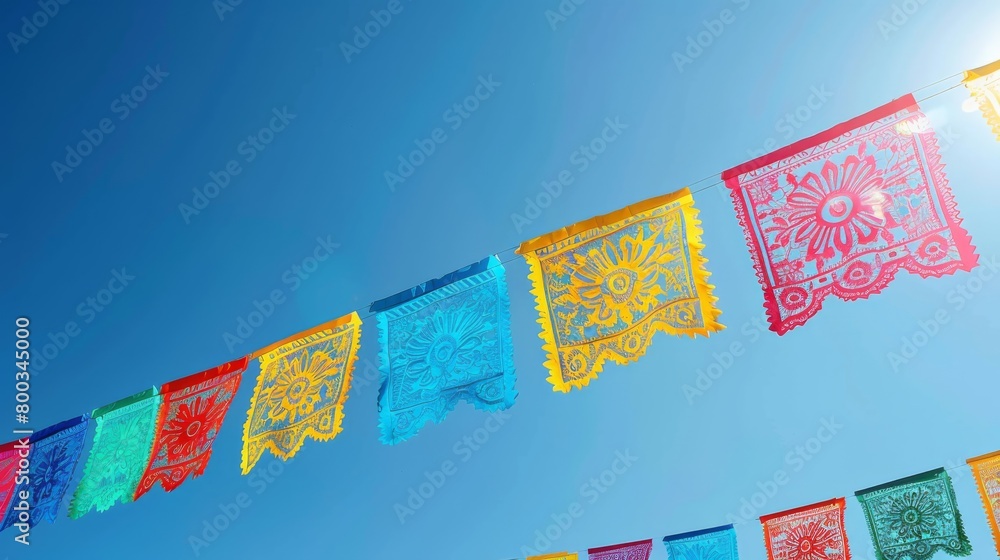 Vibrant Mexican papel picado fluttering against a clear blue sky. Cinco ...