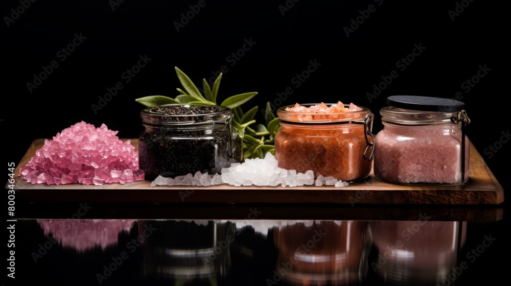 Delicate arrangement of various gourmet salts like Himalayan pink, sea ...