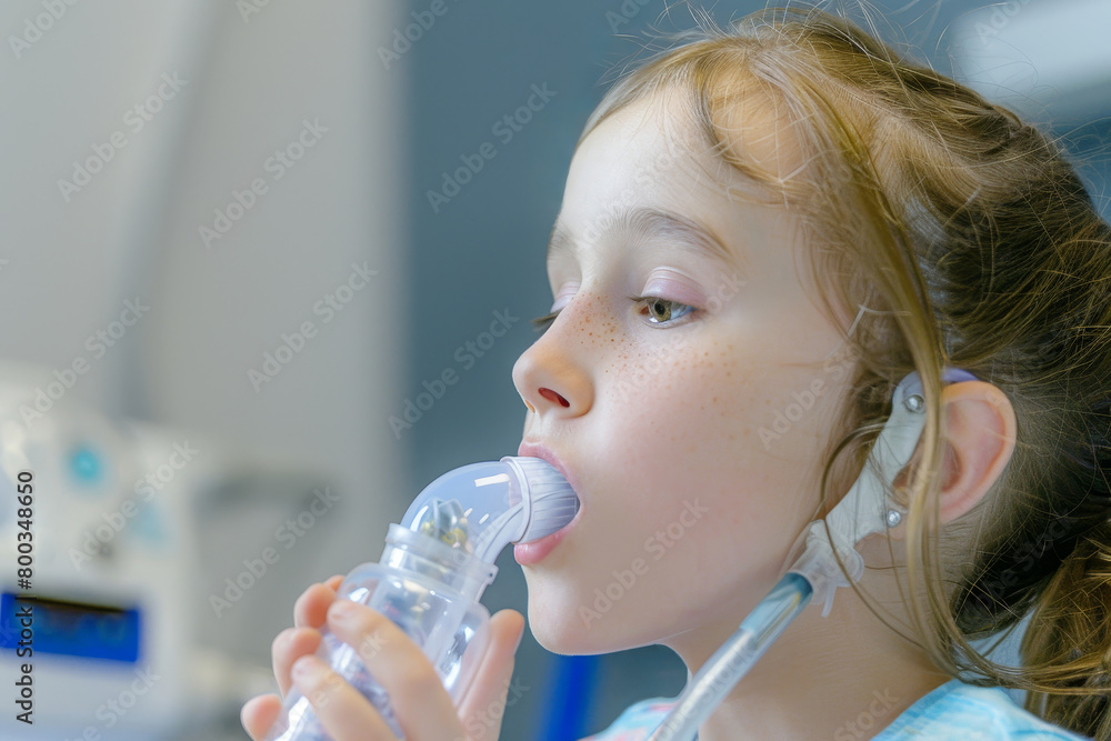 9-year-old girl breathing into a peak flow meter (spirometer). Lung ...