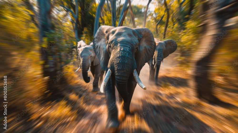Elephants rush forward as camera zoom effect creates a sense of speed ...