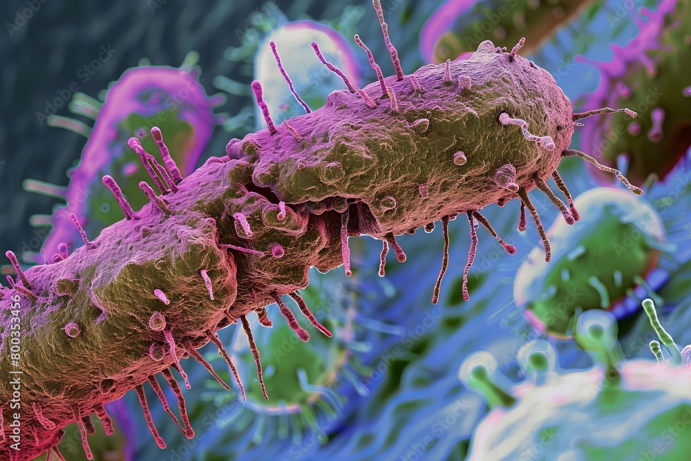 Colored scanning electron micrograph of the rod-shaped, Gram-negative ...