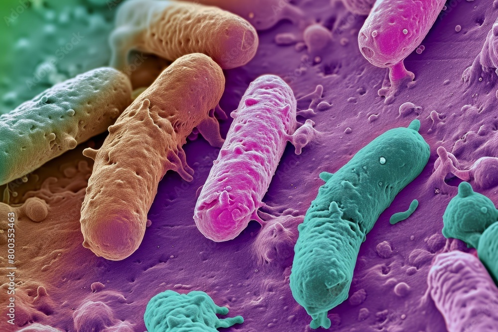 Colored scanning electron micrograph of the rod-shaped, Gram-negative ...