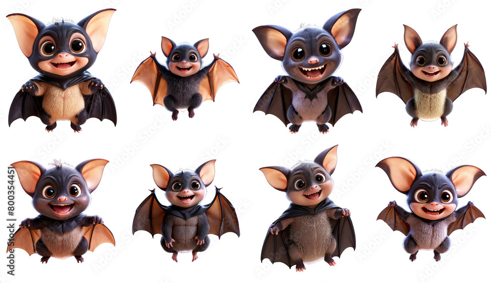 Set of 5 adorable cartoon bat characters on transparent alpha ...