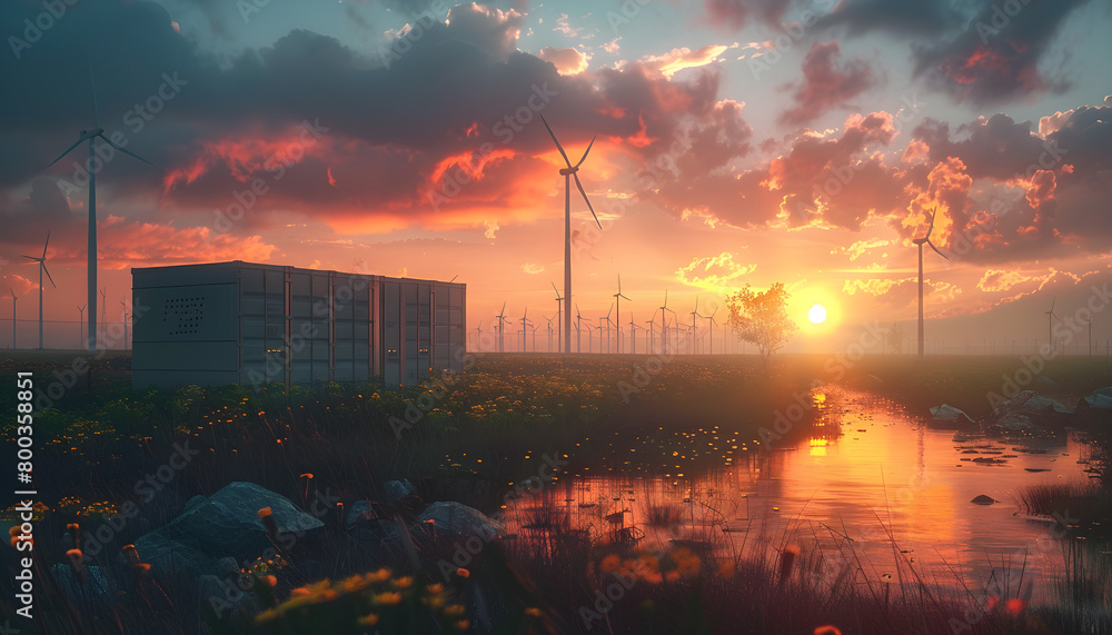 Sunset with modern energy storage system and background of wind ...