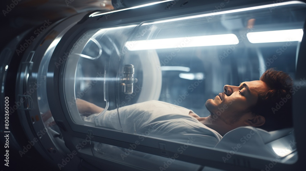 Team of astronauts in hypersleep anabiosis chamber aboard the orbital ...