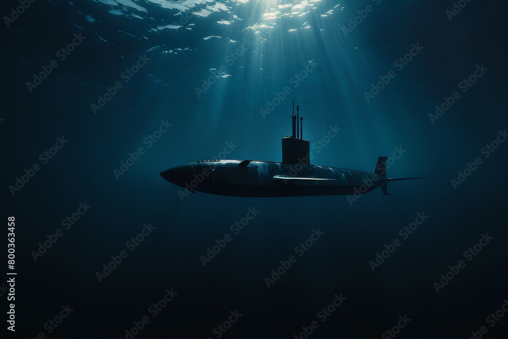 A modern submarine submerged in the deep ocean, emphasizing its sleek ...