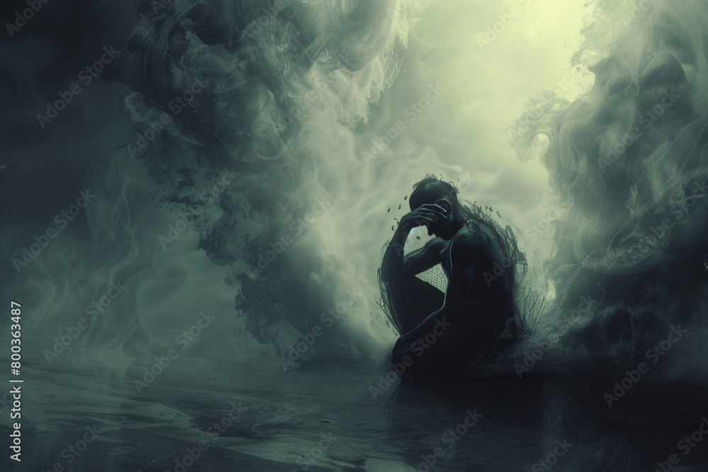 The heavy burden of dark thoughts through a symbolic scene, possibly ...