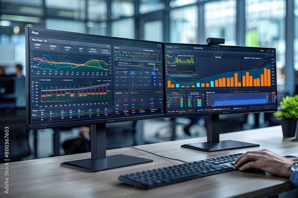 big widescreen monitor with charts and management dashboard in front of ...