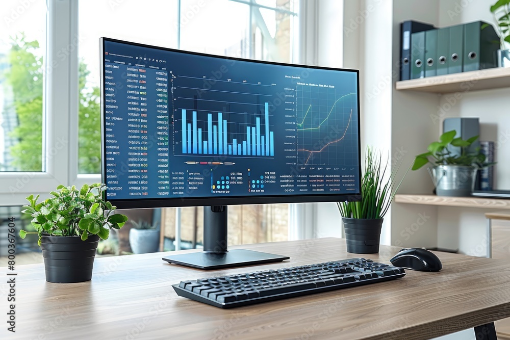 big widescreen monitor with charts and management dashboard in front of ...