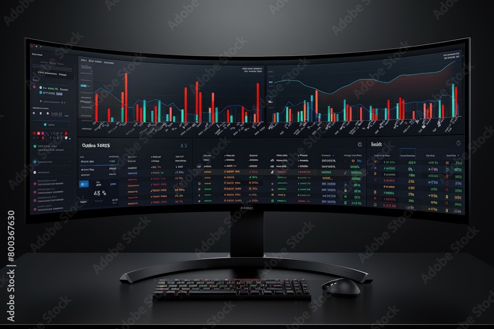 big widescreen monitor with charts and management dashboard in front of ...