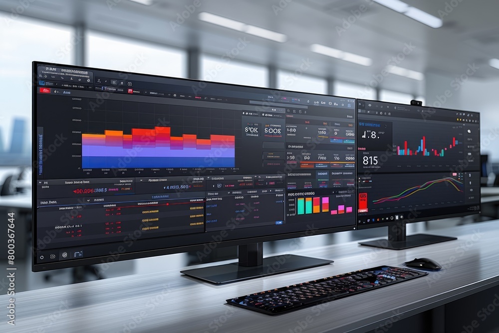 big widescreen monitor with charts and management dashboard in front of ...