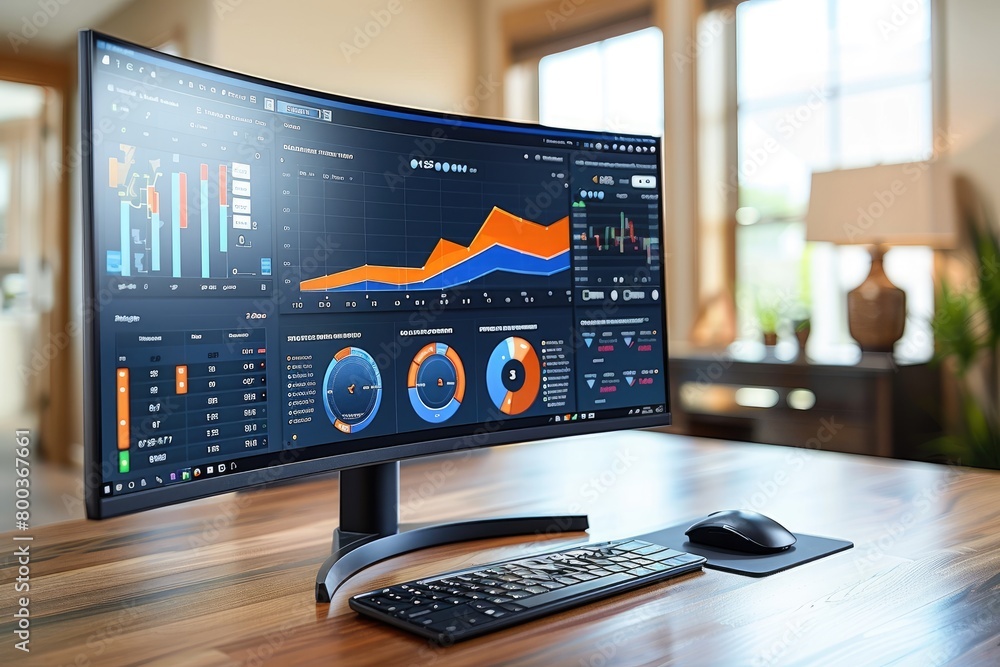 big widescreen monitor with charts and management dashboard in front of ...