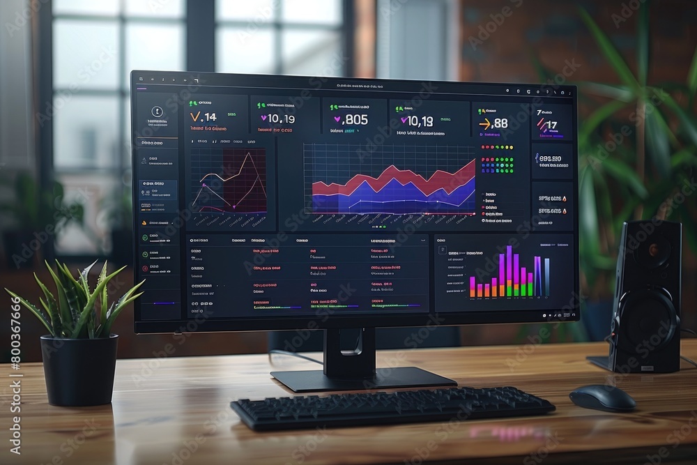 big widescreen monitor with charts and management dashboard in front of ...