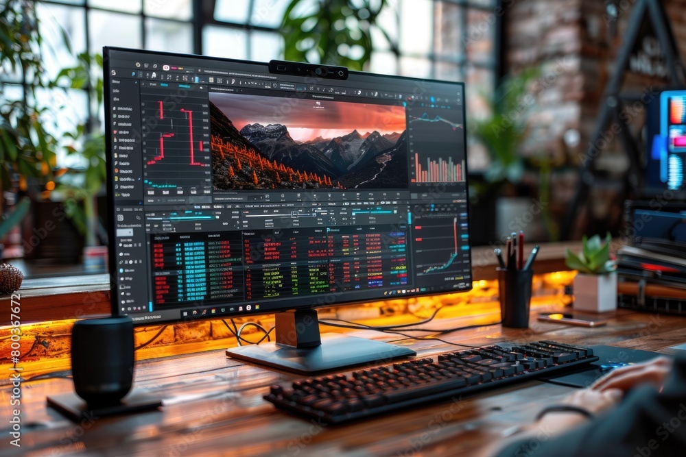 big widescreen monitor with charts and management dashboard in front of ...