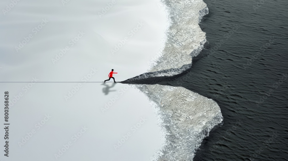 A person carefully traversing a frozen lake by walking on a rope ...