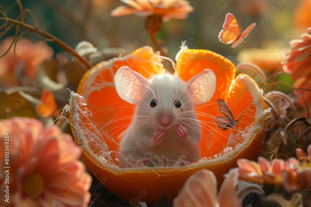 In a woodland setting, imagine a CGI female white mouse with big pink ...