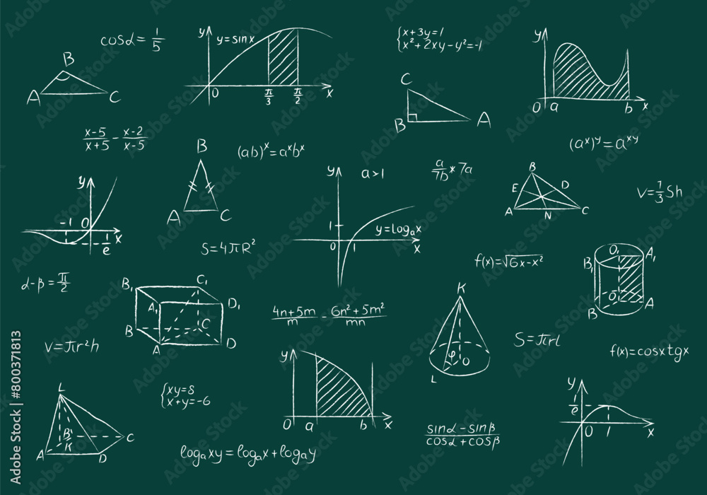Chalk set of mathematical figures, functions, formula, calculation and ...