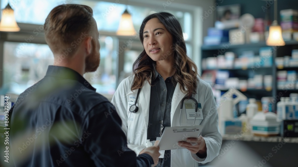 Pharmaceutical sales representative engaging with healthcare ...