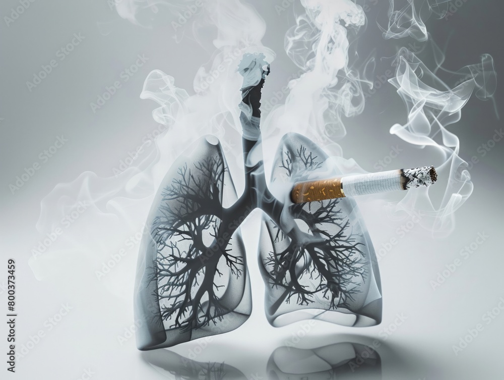 Closeup of a cigarette with smoke flowing towards an anatomical ...