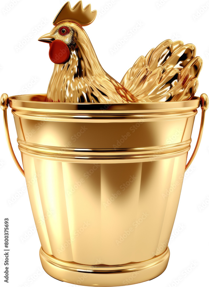 golden chicken in golden bucket isolated on white or transparent ...