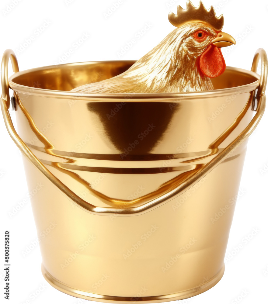 golden chicken in golden bucket isolated on white or transparent ...