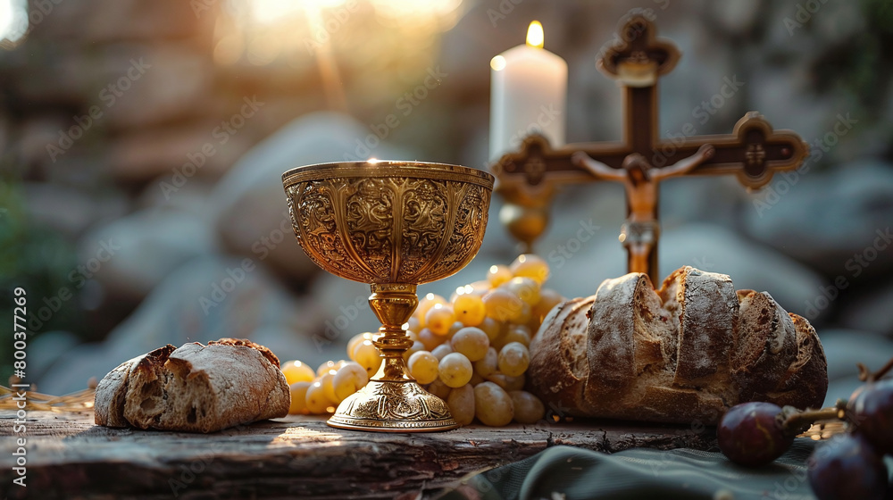The Last Supper. Bread, wine, the Bible, the Holy Grail and the cross ...
