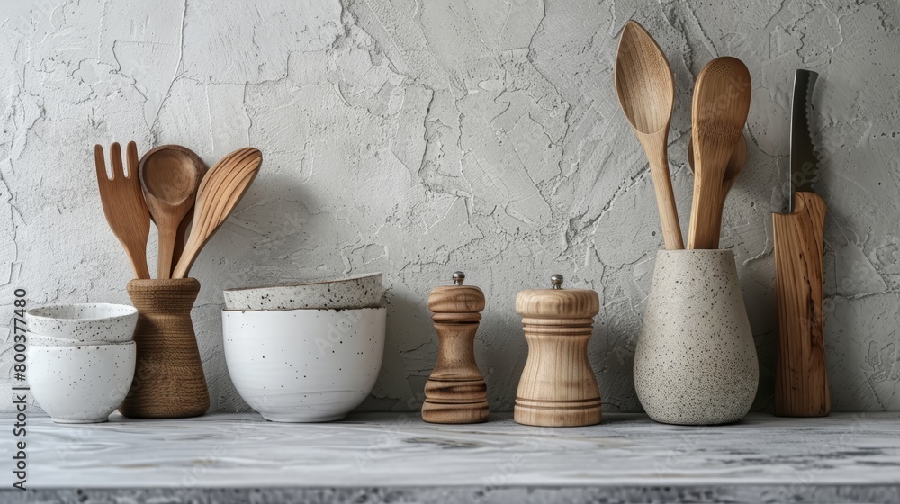 Modern kitchen utensils arrangement in a minimalist setting, featuring ...