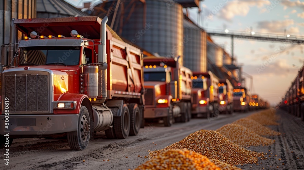Transport trucks lined up at a grain elevator, loading corn for ...
