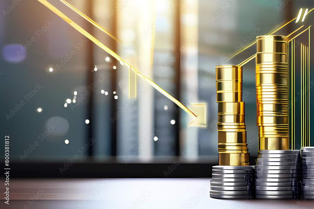 digital coins stack and abstract growth arrows-up on the graph ...