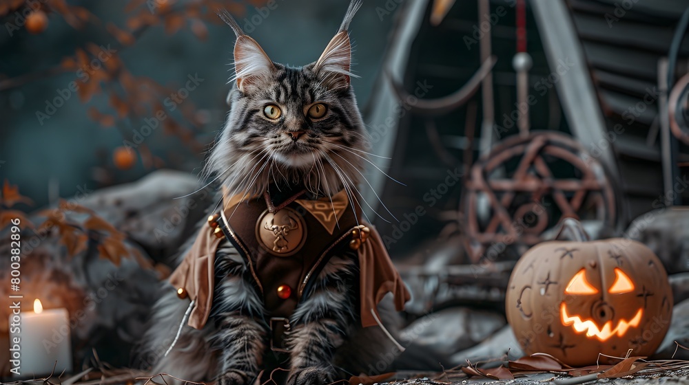 Majestic Maine Coon Cat in Demonic Costume Amid Occult Symbols and ...
