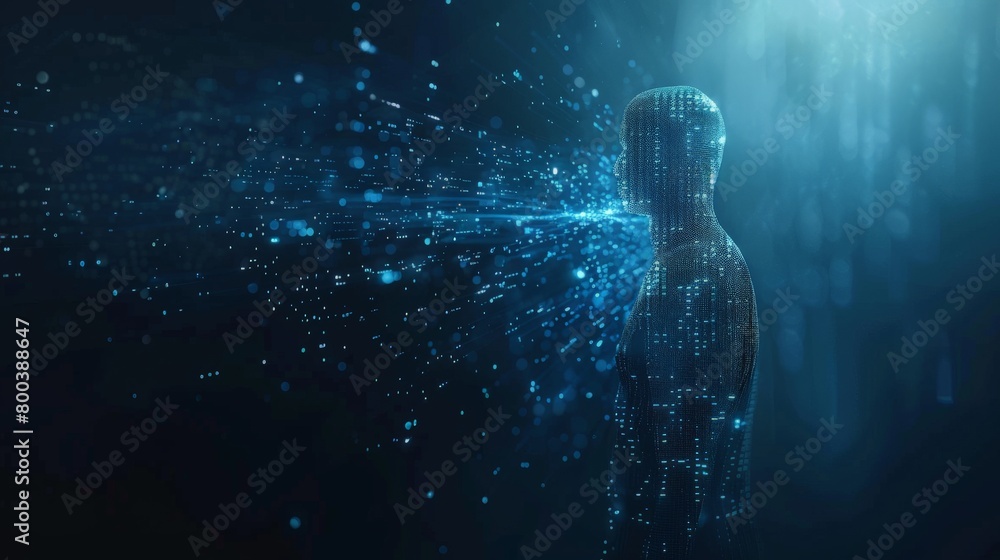 A binary code data stream flowing and morphing into a human silhouette ...