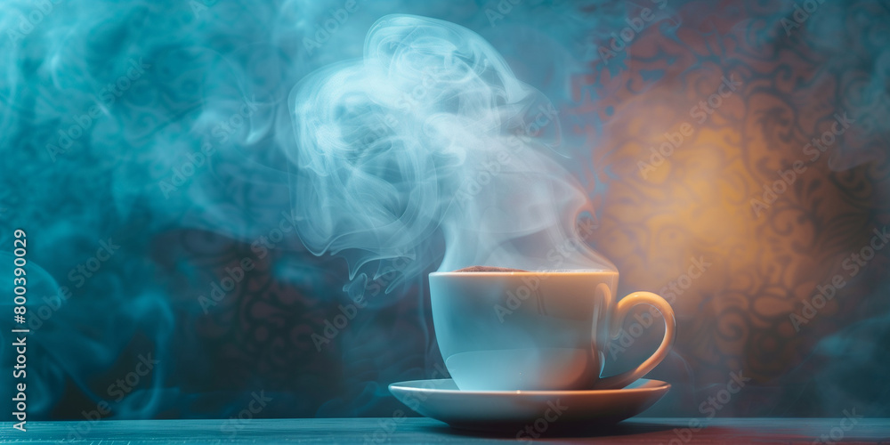 Hot steaming coffee cup background design. Horizontal banner of coffee ...