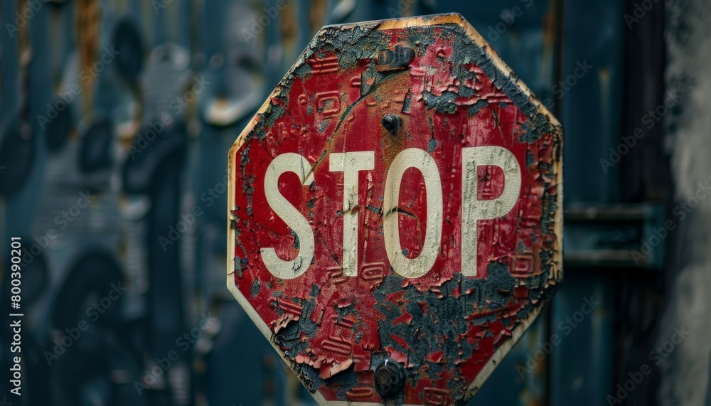 A closeup of a weathered stop sign, its bold red octagon shape and ...