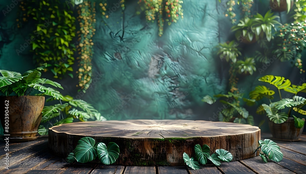 round empty wooden podium product display stage in middle, realistic ...