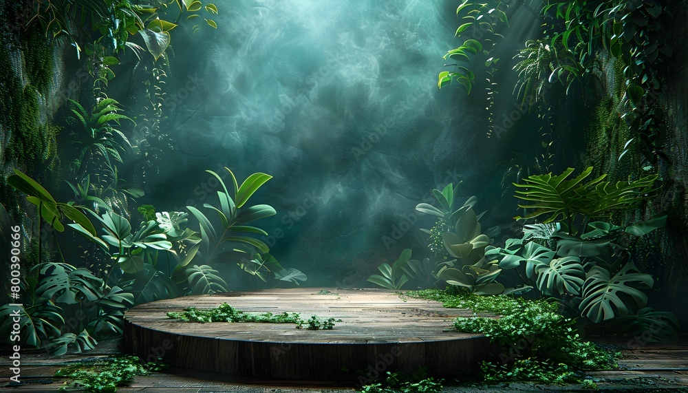 round empty wooden podium product display stage in middle, realistic ...