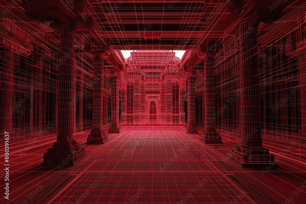 The image depicts an abandoned corridor with stone columns and doors ...