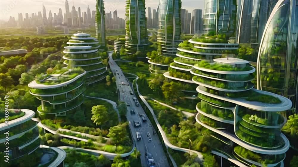 A futuristic urban panorama showcasing high-tech buildings harmonizing ...