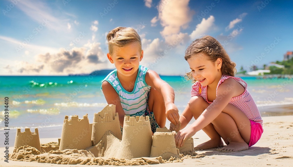 Children building sandcastles on the beach. The sea in the background ...