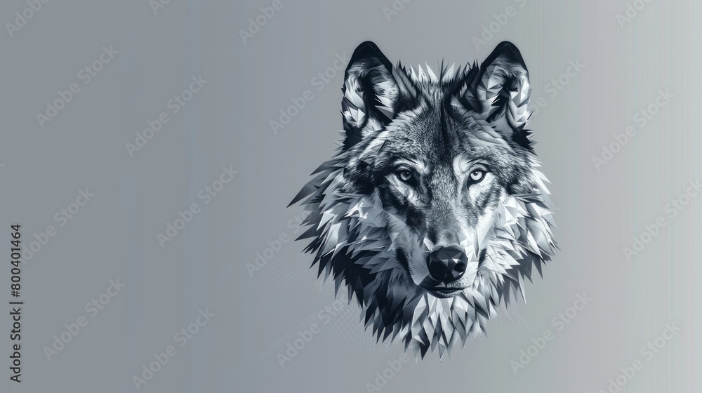 A wild wolf face depicted in a low poly triangular and wireframe vector ...