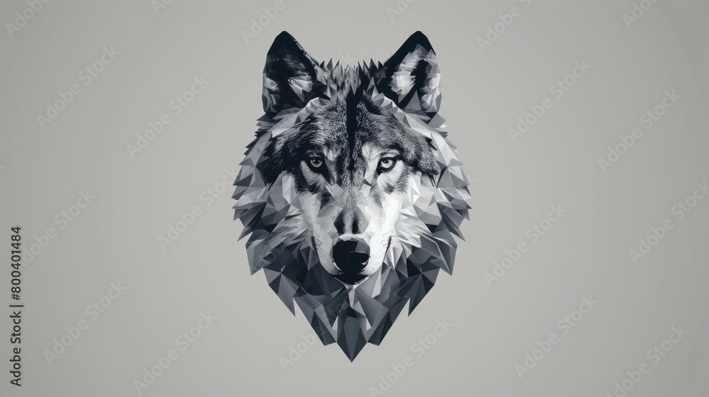 A wild wolf face depicted in a low poly triangular and wireframe vector ...