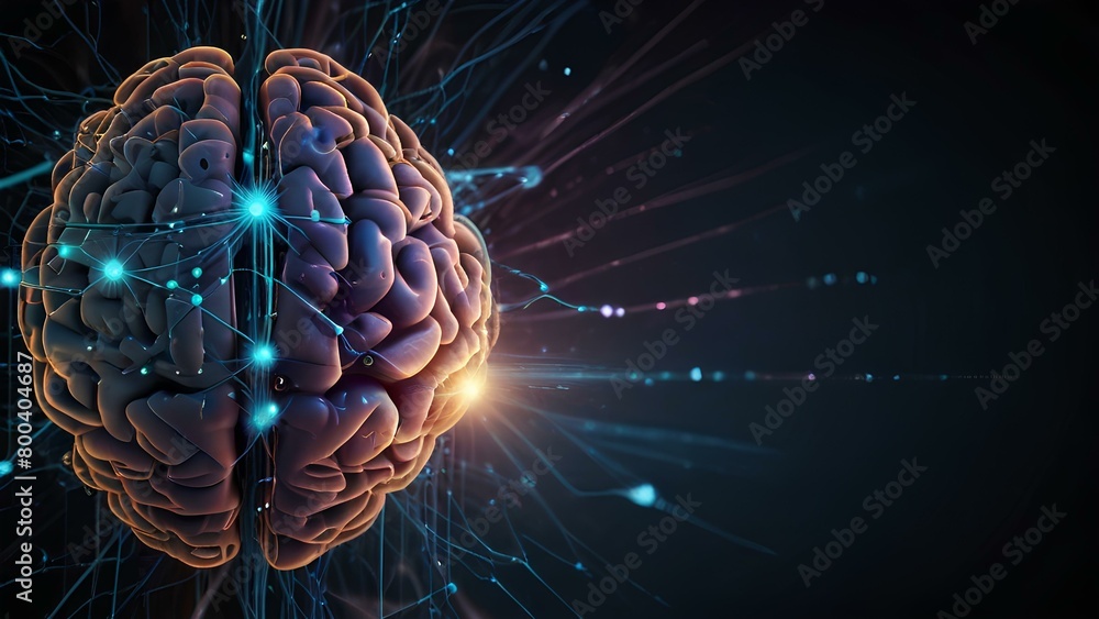 An abstract illustration of a human brain with glowing neural networks ...
