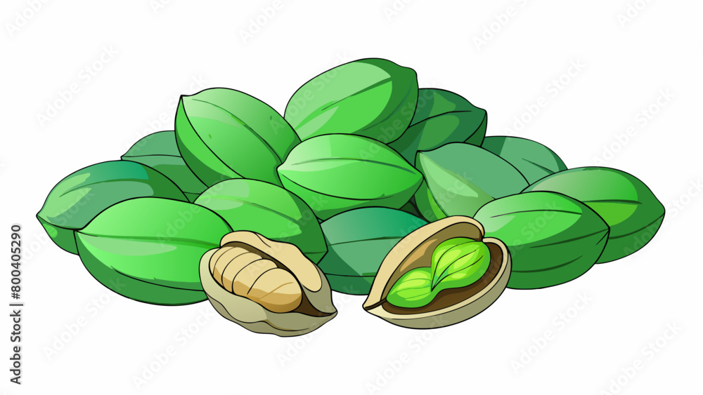 A pile of variously sized nuts all with a dark green inner shell and ...