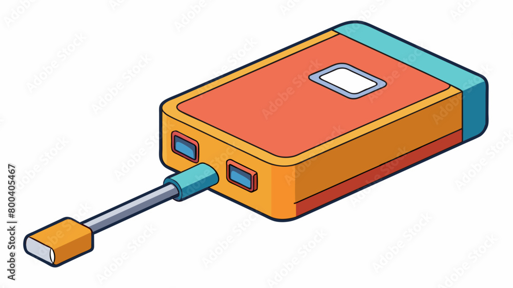 A rectangular phone charger with a USB cable attached. The plug is ...