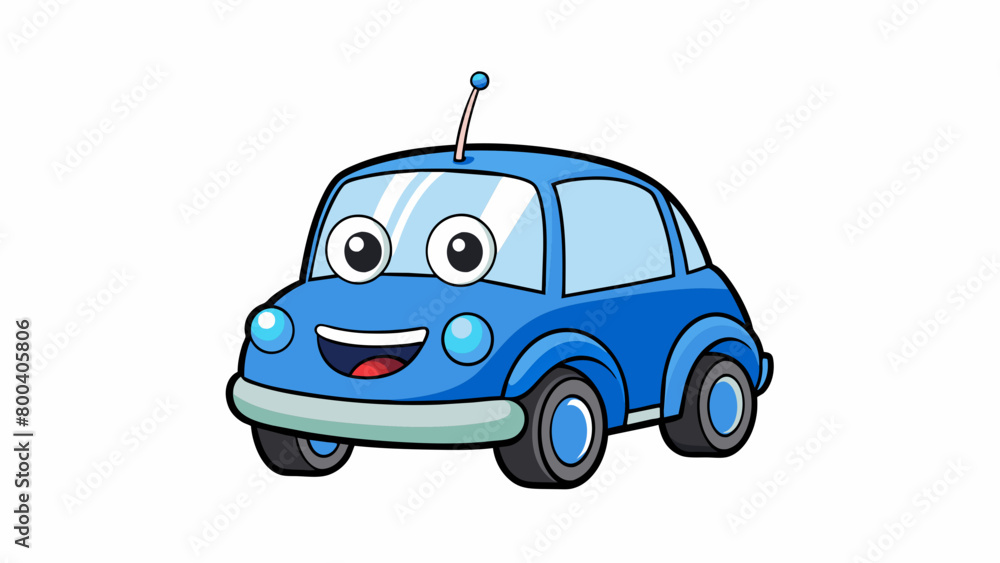 A small blue plastic car with a smiling face on the front. The car has ...