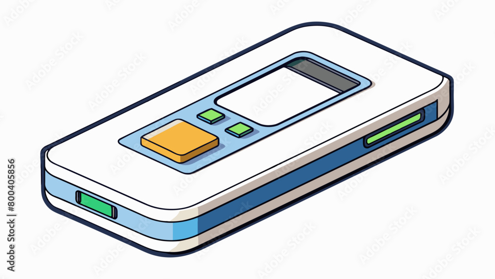 A slim rectangular device with a sleek white design and a small OLED ...