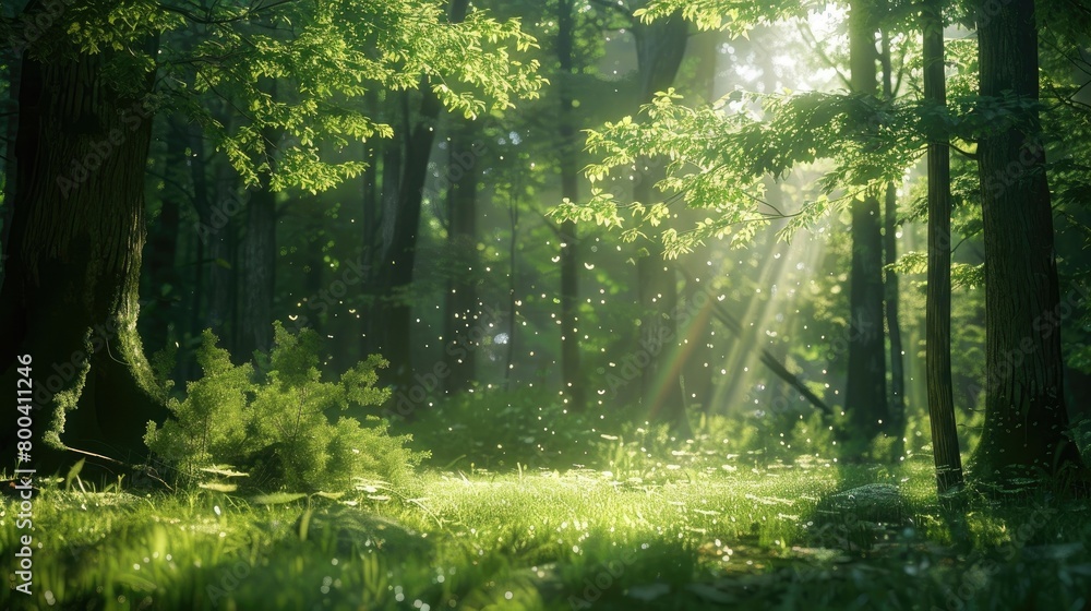 A peaceful forest clearing bathed in soft light, inviting quiet ...