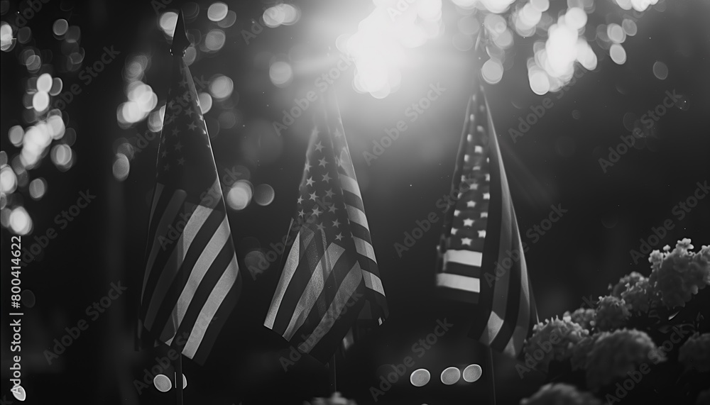 Black and white image of American flags fluttering, beautifully ...