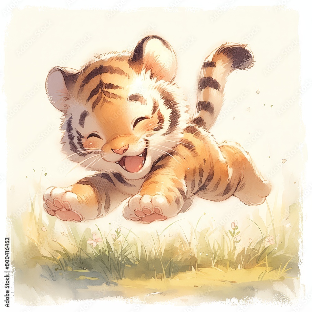 watercolor cute and happy baby tiger jumping in the grass, clipart with ...
